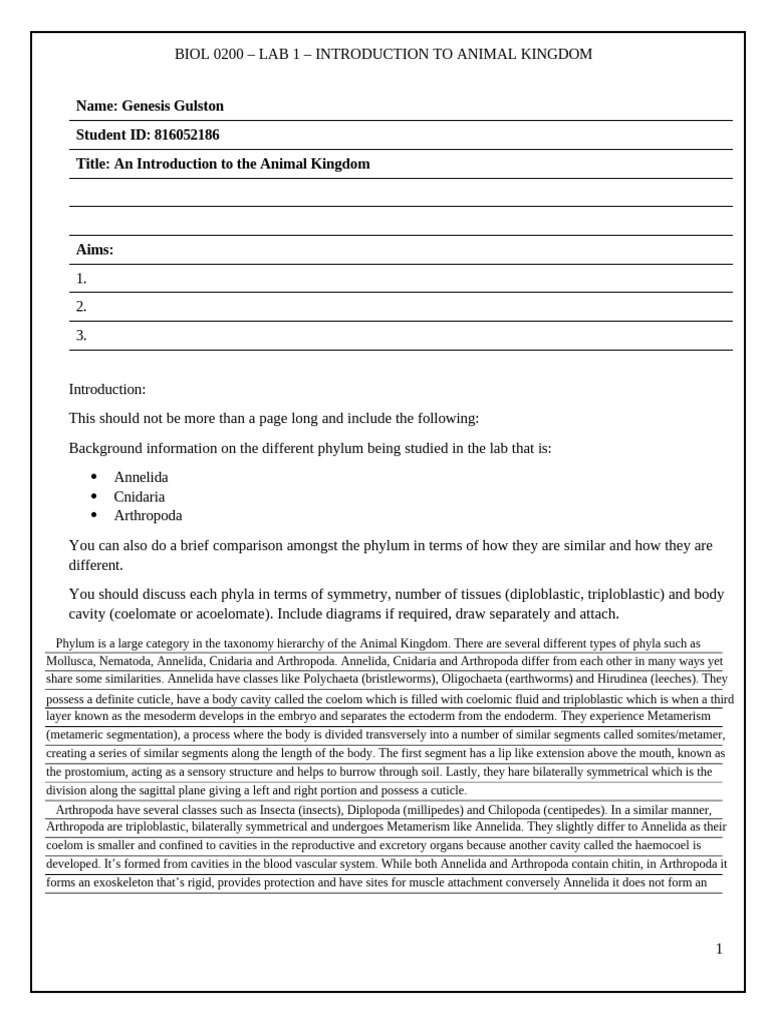 Biol 0200 - Lab 1 - Introduction To Animal Kingdom | PDF | Biology ...