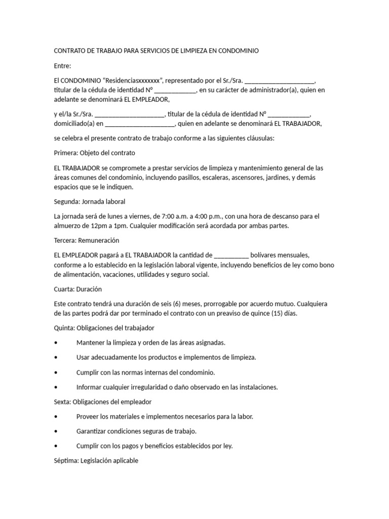Contrato de Trabajo Para Servicios de Limpieza en Condominio | PDF