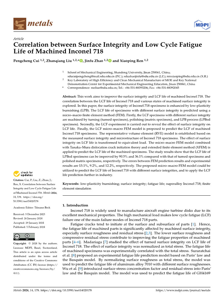 Correlation Between Surface Integrity and Low Cycle Fatigue | PDF ...