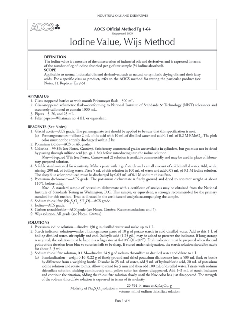 Iodine Value Determination - Wijs Method (AOCS TG 1-64) | PDF