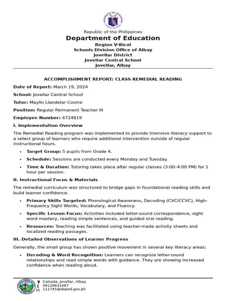 1 Detailed Class Accomplishment Report Remedial Reading | PDF ...