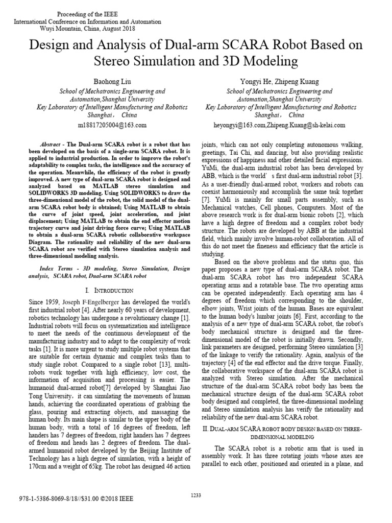 Design and Analysis of Dual-Arm SCARA Robot Based on Stereo Simulation ...