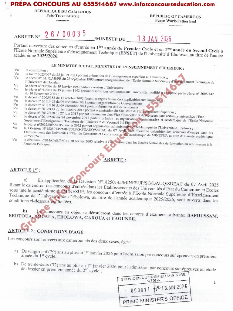 Concours ENSET Ebolowa 2026 - 1er Et 2nd Cycle | PDF