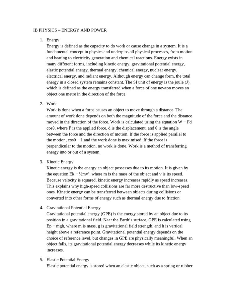 IB Physics Energy Power Notes | PDF | Potential Energy | Force