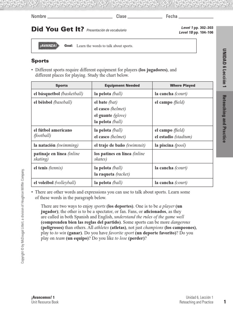 Kami Export - Avancemos 1. Unidad 6. Lección 1. Cuaderno de ejercicios ...