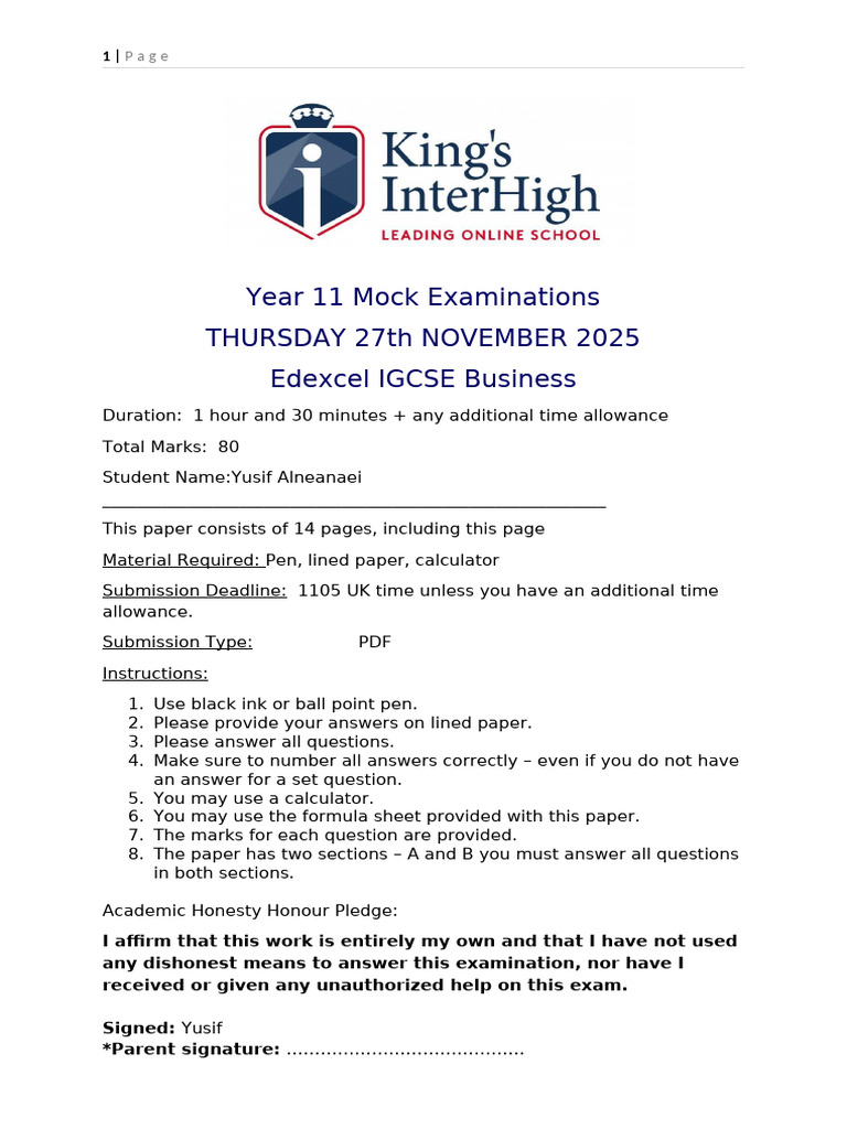 Year 11 Mock Exam Igcse Business Nov 2025 | PDF | Employment | Labour ...