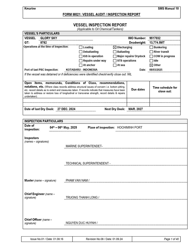 Form M021 Vessel AuditInspection Report_1 | PDF | Leak | Valve