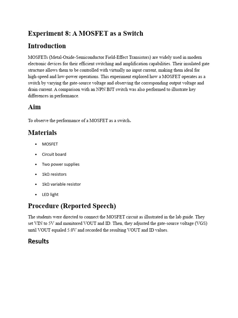 Experiment 8 A MOSFET As A Switch | PDF | Mosfet | Field Effect Transistor