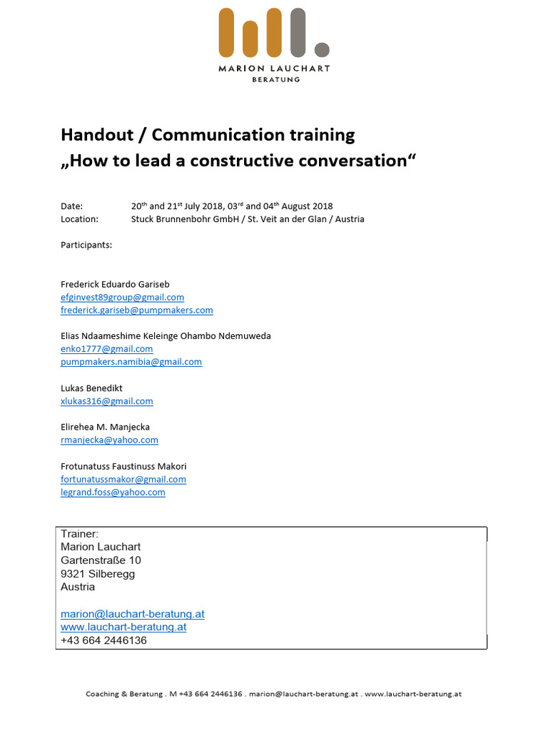 Handout Communication Training | PDF | Senses | Body Language