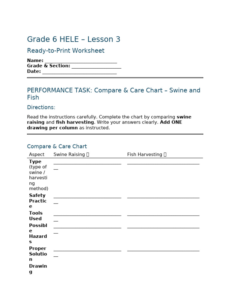 Compare & Care Chart_ Swine and Fish (Worksheet) | PDF