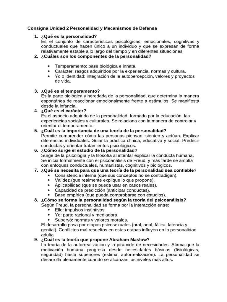 Consigna Unidad 2 | PDF | Sicología | Psicología de la personalidad