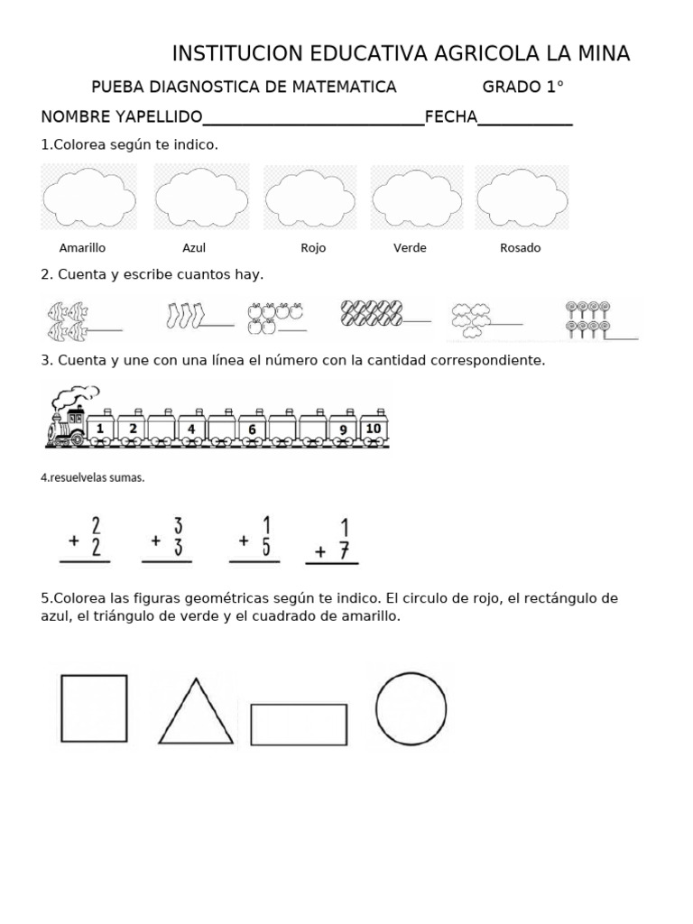 Prueba Diagnostica de Matematica para Primero 2026 | PDF