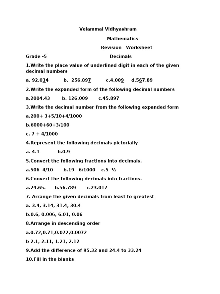 Gr-5 Decimals Worksheet | PDF