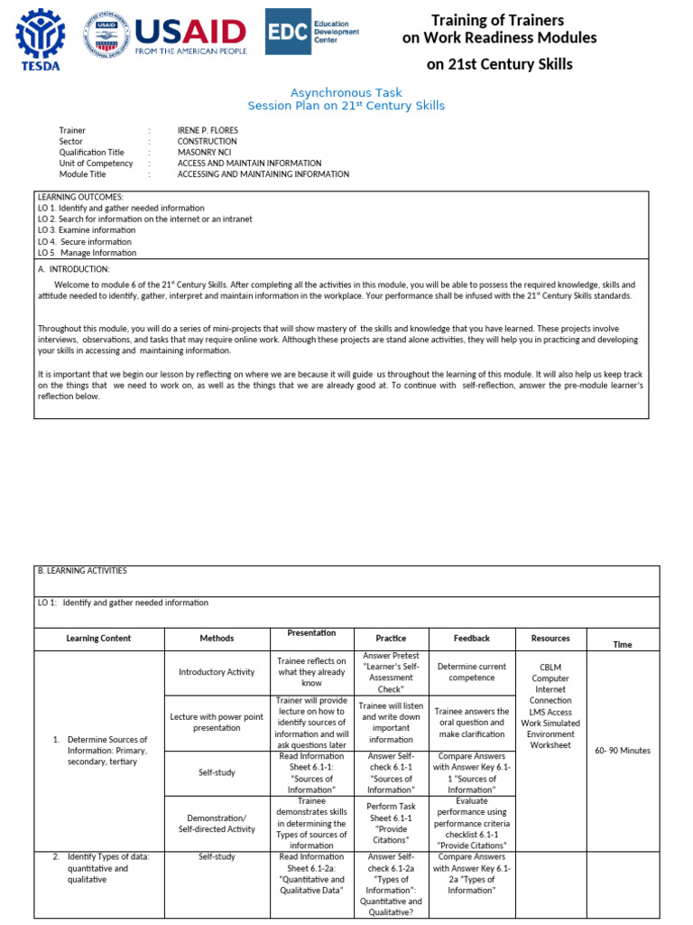 2 - 21st Century Session Plan For Module 6 - Chum | PDF | Learning ...