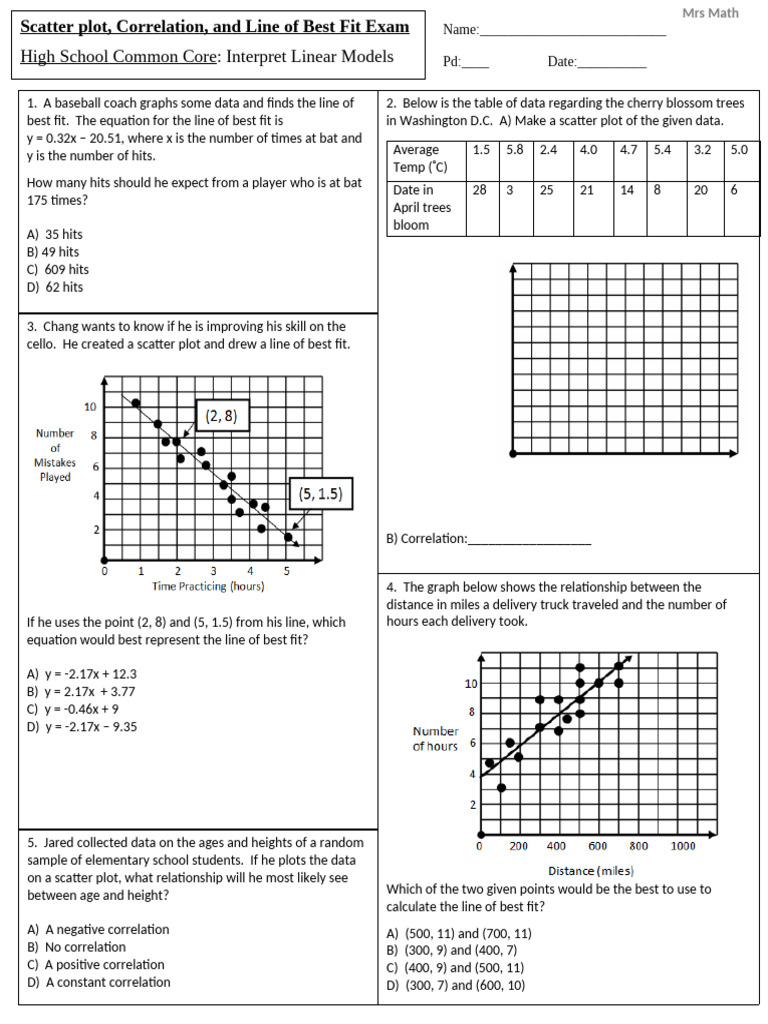 Scatter Plot, Correlation, Line of Best Fit Exam (Mrs Math) | PDF ...