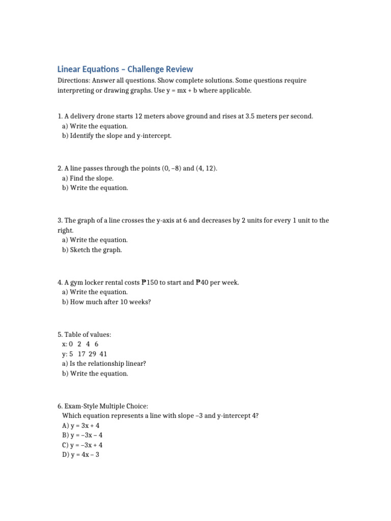 Linear Equations Challenge Worksheet | PDF