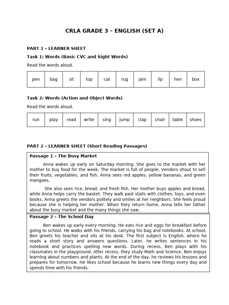 Crla Grade 3 English | PDF