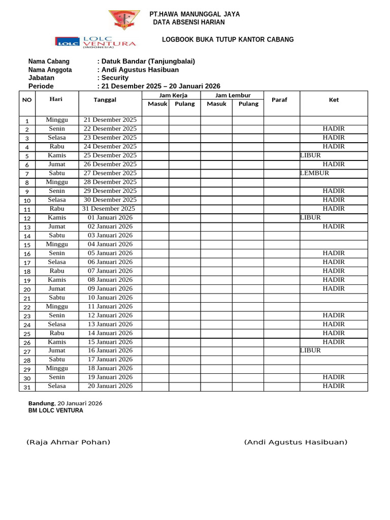 Form Absen Ss Ventura Katapang Jan 2026 | PDF