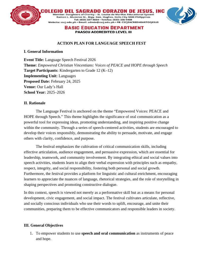 Action Plan For Language Fest | PDF | Speech | Communication