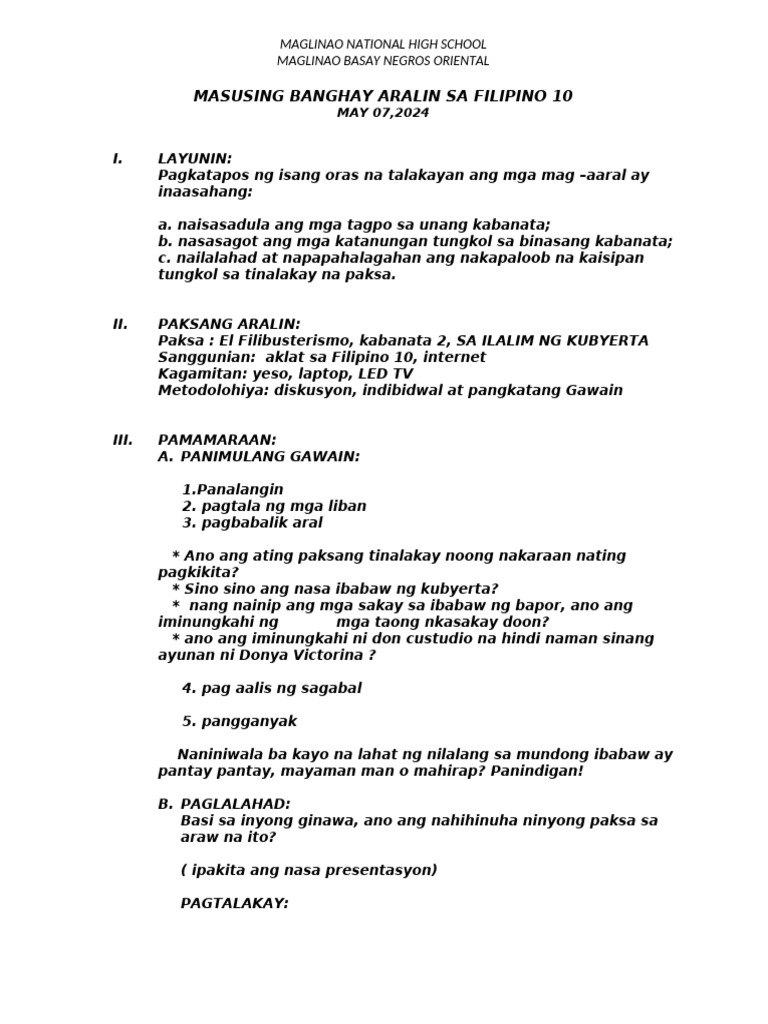 AGIR - Banghay Aralin Sa Filipino 10 (CO) | PDF