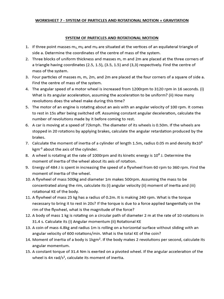 Worksheet 7 - System of Particles and Rotational Motion + Gravitation ...