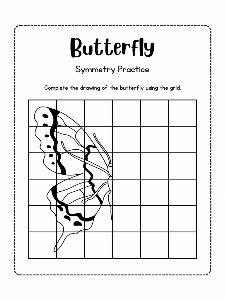 Butterfly Symmetry Practice Art Printable Worksheet in Black White ...
