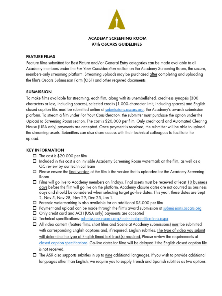 97 Academy Screening Room Guidelines | PDF | Academy Awards