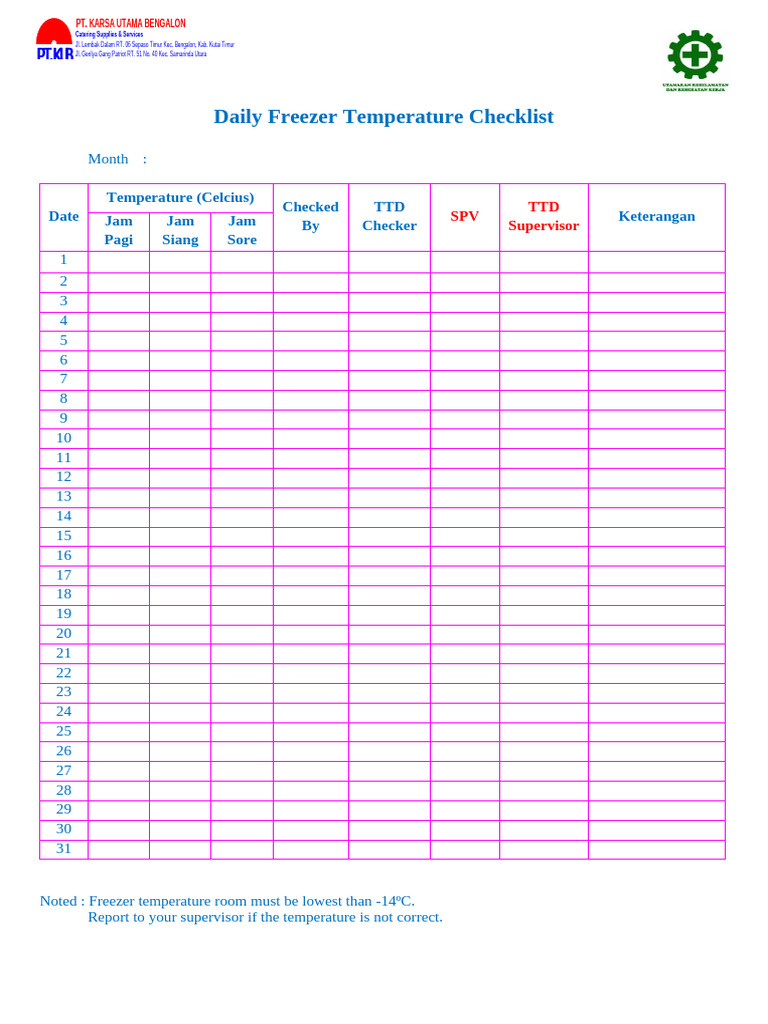 Daily Frezzer Temperature Checklist [EDIT] | PDF