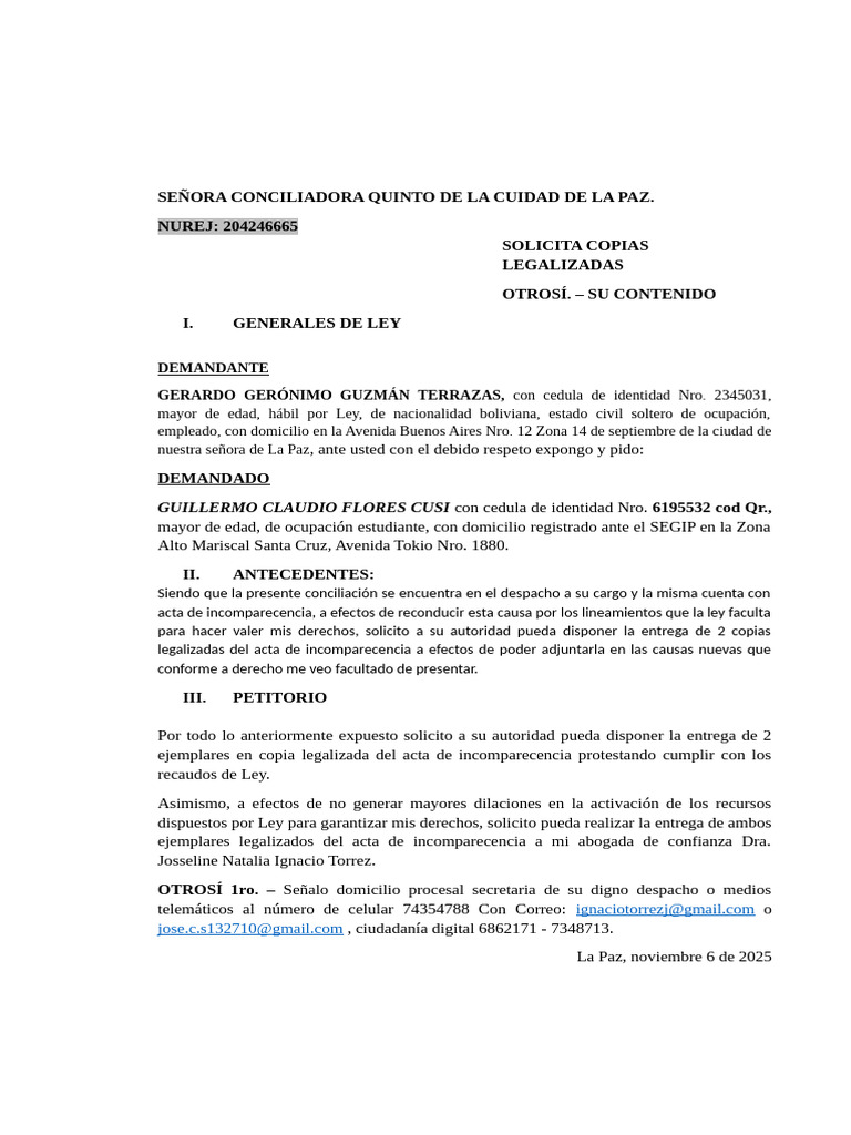 Demanda Conciliacion Don Geronimo Contra Guillermo Claudio Flores Cusi ...