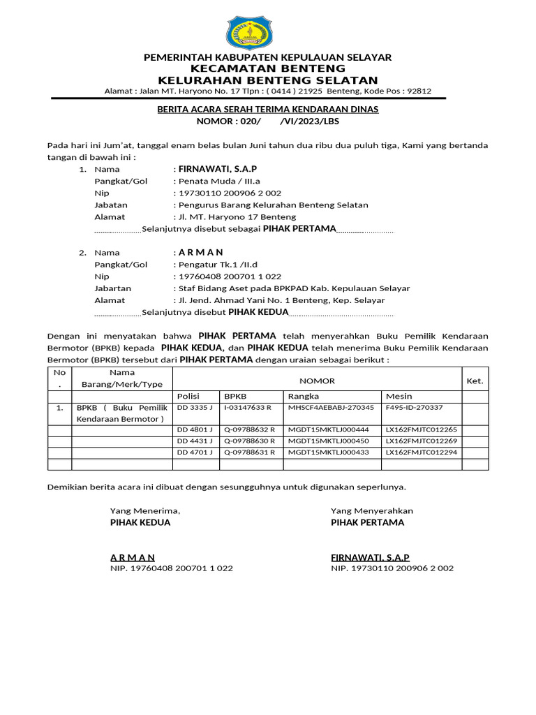 Berita Acara Serah Terima Kendaraan Dinas | PDF