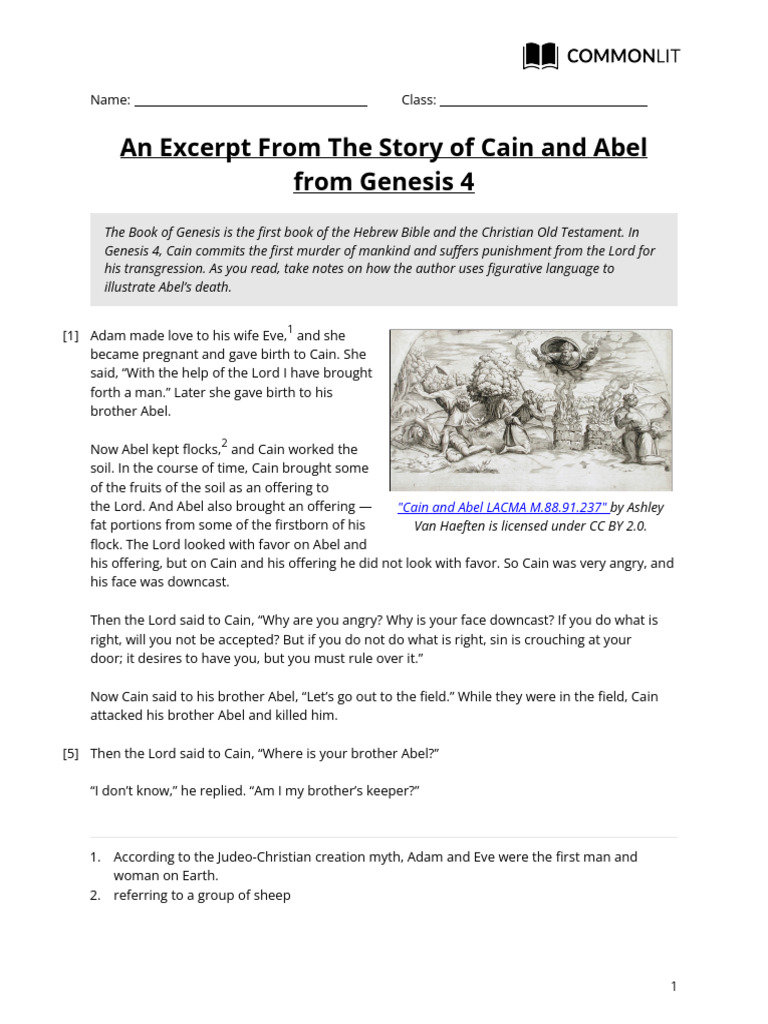 An Excerpt From The Story of Cain and Abel From Genesis 4-Student | PDF ...