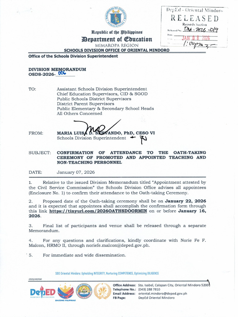Division Memo - Osds 2026 006 - Confirmation of Attendance To The Oath ...