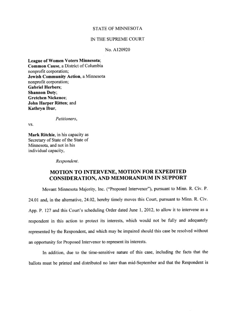 Motion To Intervene - Minnesota Majority | PDF | Intervention (Law ...