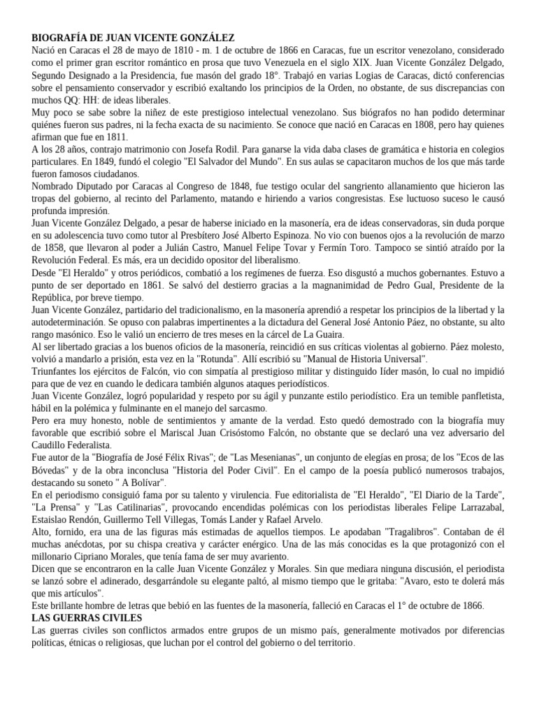 Biografía de Juan Vicente González | PDF