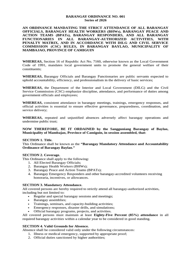 2026 Barangay Ordinance No Strict Attendance | PDF | Governance ...