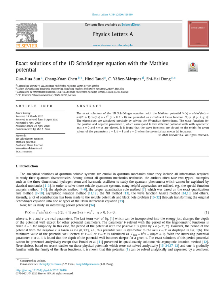 Exact Solutions of The 1D Schrödinger Equation With The Mathieu | PDF ...