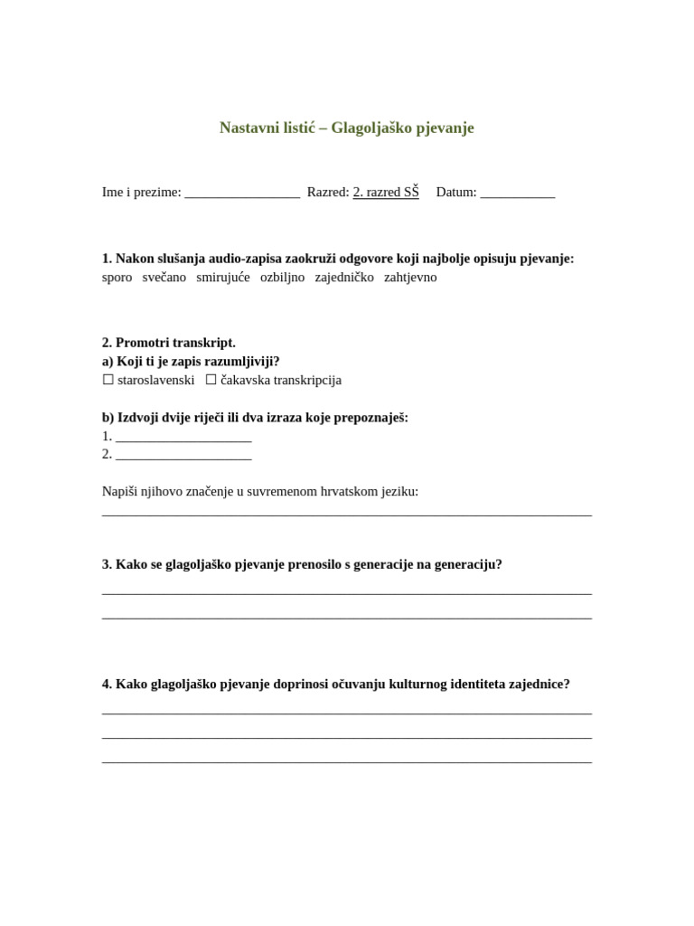 DETALJAN Nastavni Listic Glagoljasko Pjevanje | PDF