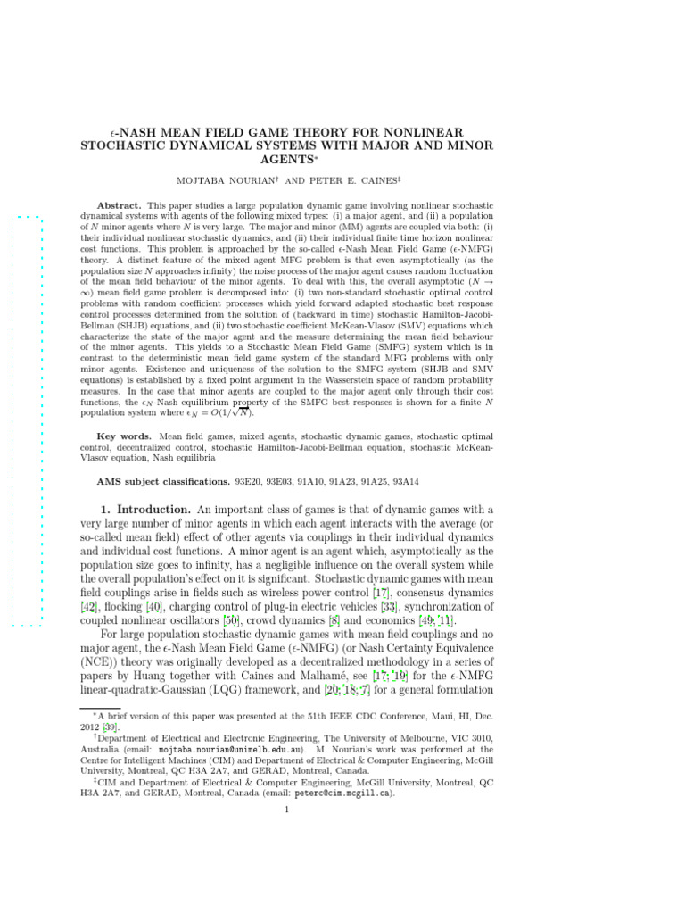 [8] Eps-nash Mean Field Game Theory for Nonlinear | PDF | Stochastic ...