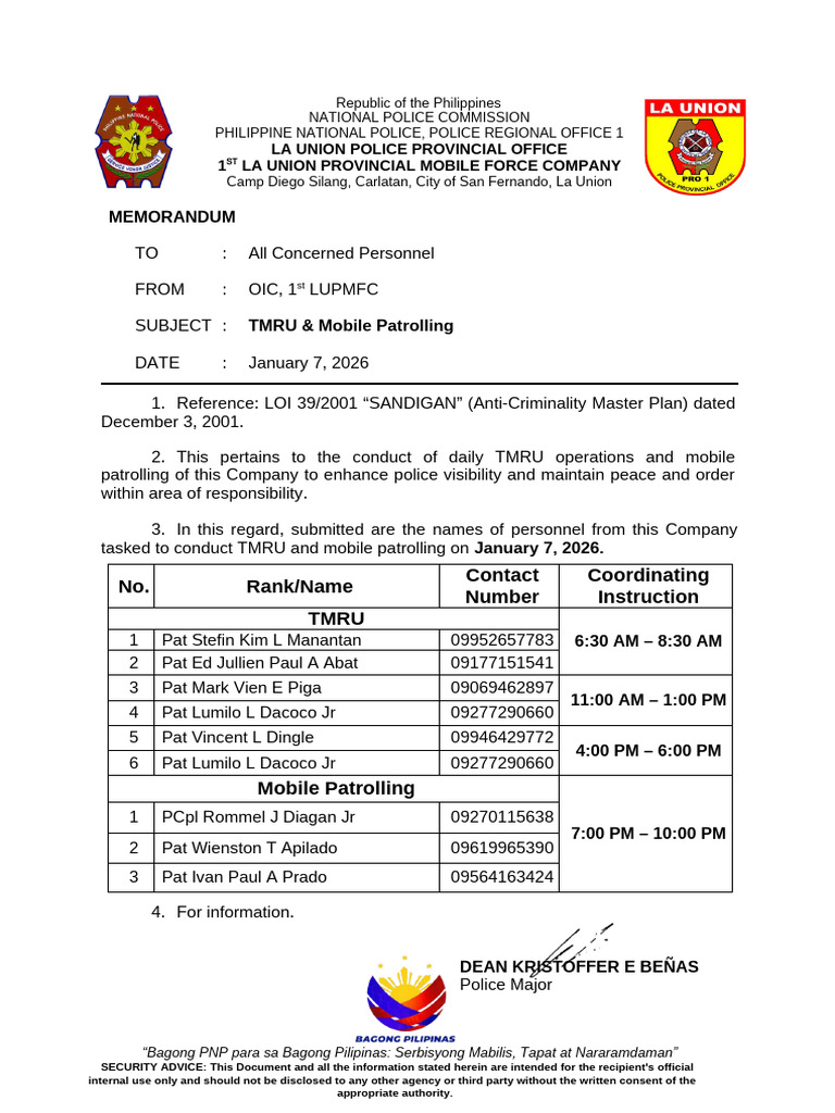 January 7, 2026 - Mobile Patrolling | PDF | Philippines