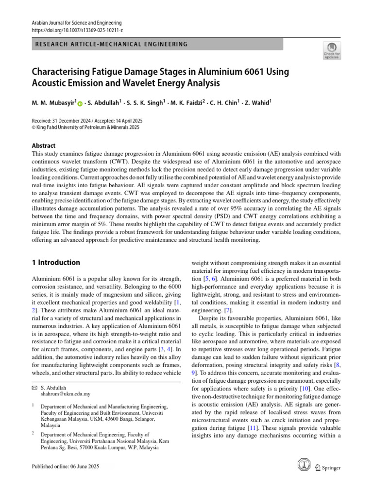 Characterising Fatigue Damage Stages in Aluminium 6061 Using Acoustic ...