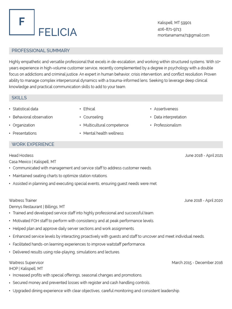 Felicia_Resume_2 | PDF | Waiting Staff | Psychological Concepts