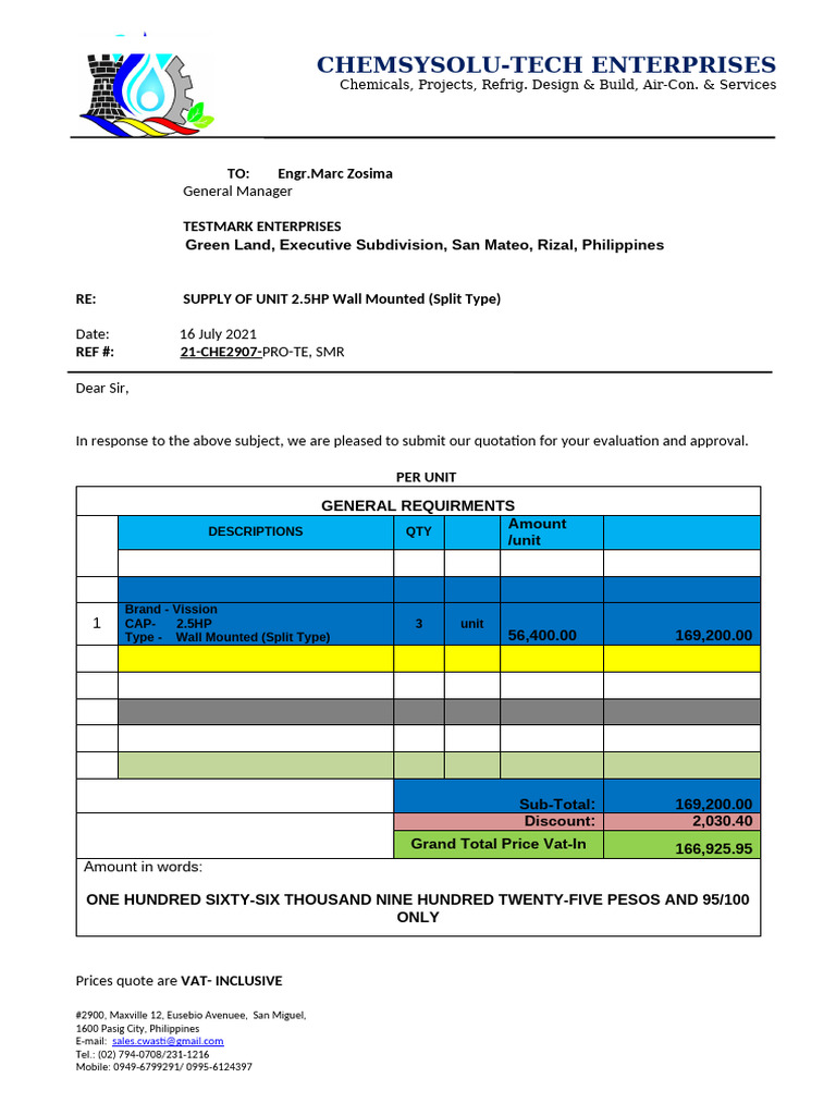 21-CHE2907-PRO-TE, SMR – Supply of 2.5HP Wall Mounted (Split Type ...