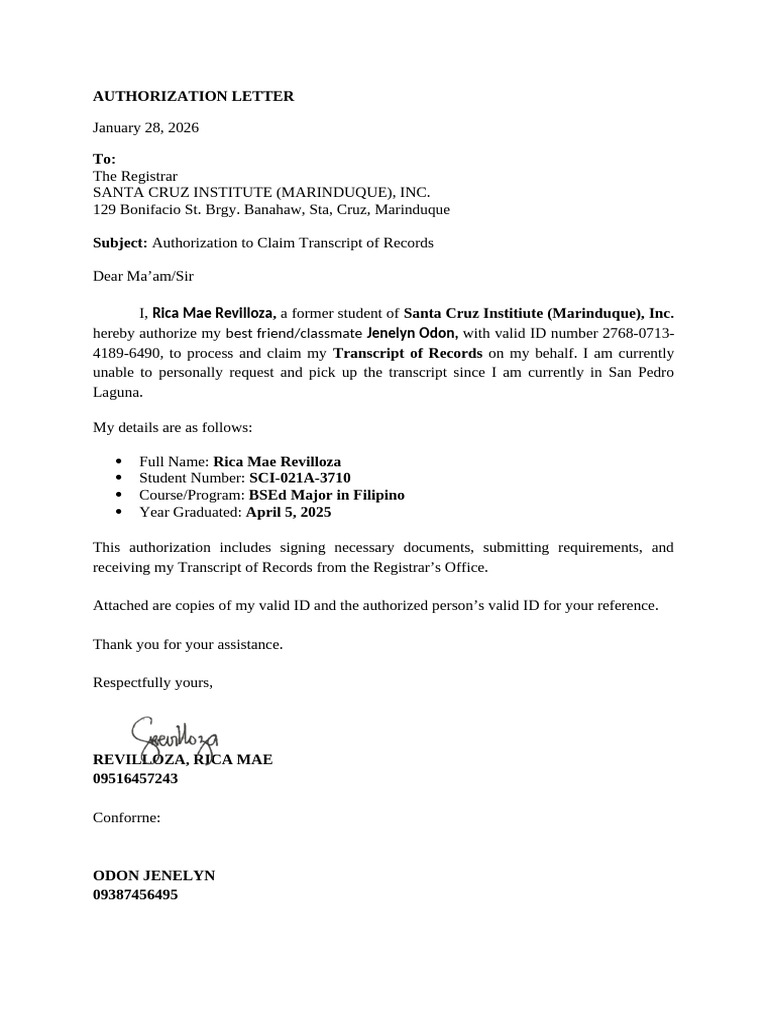 Authorization Letter For Tor | PDF