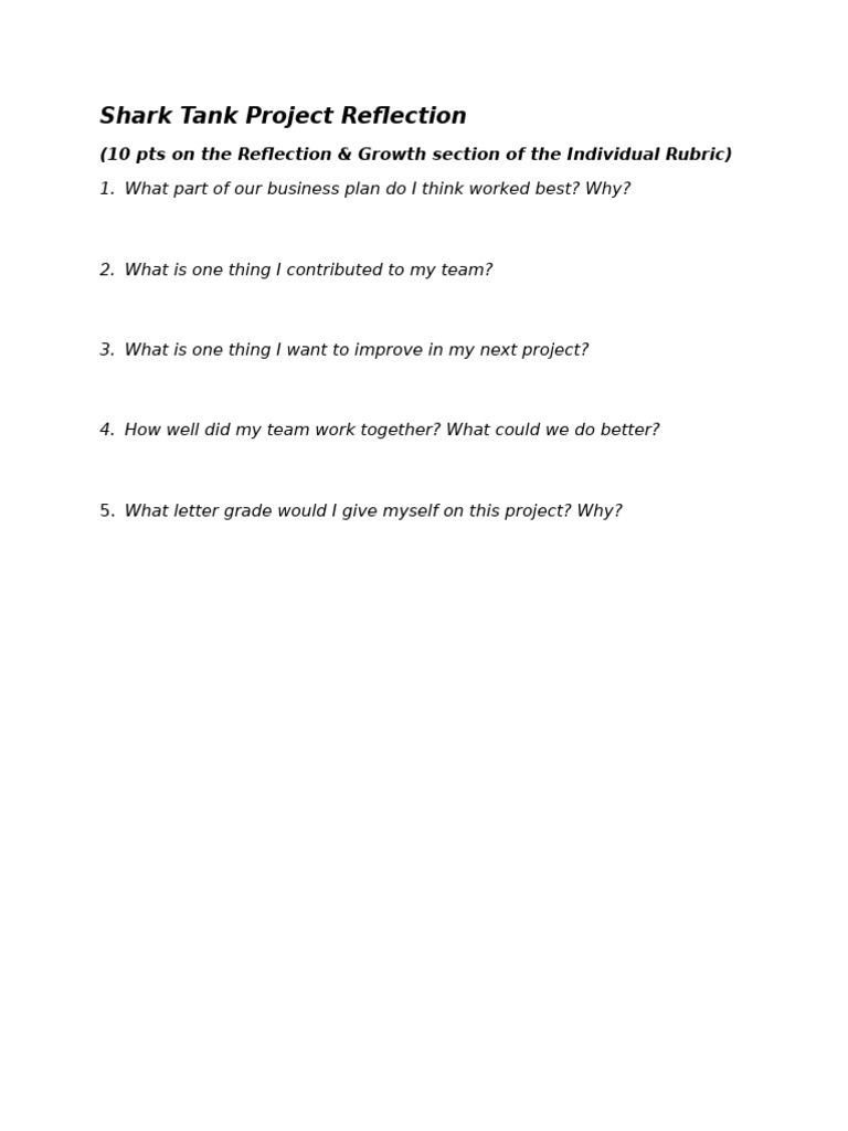 Shark Tank Project Reflection (2) | PDF