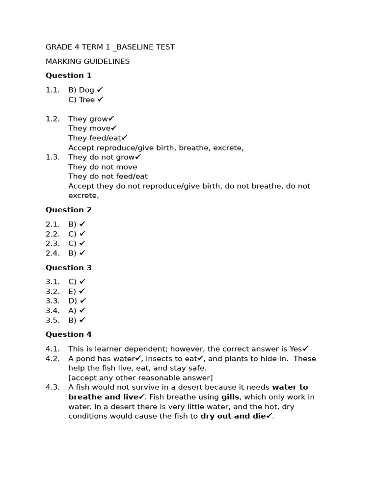 Grade 4 Term 1_baseline Test Marking Guidelines | PDF