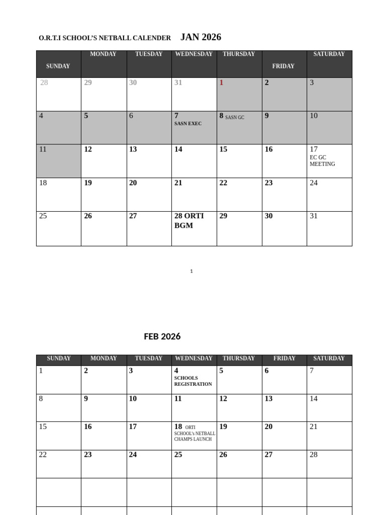 ORTI 2026 SCHOOL'S NETBALL CALENDER-1 | PDF