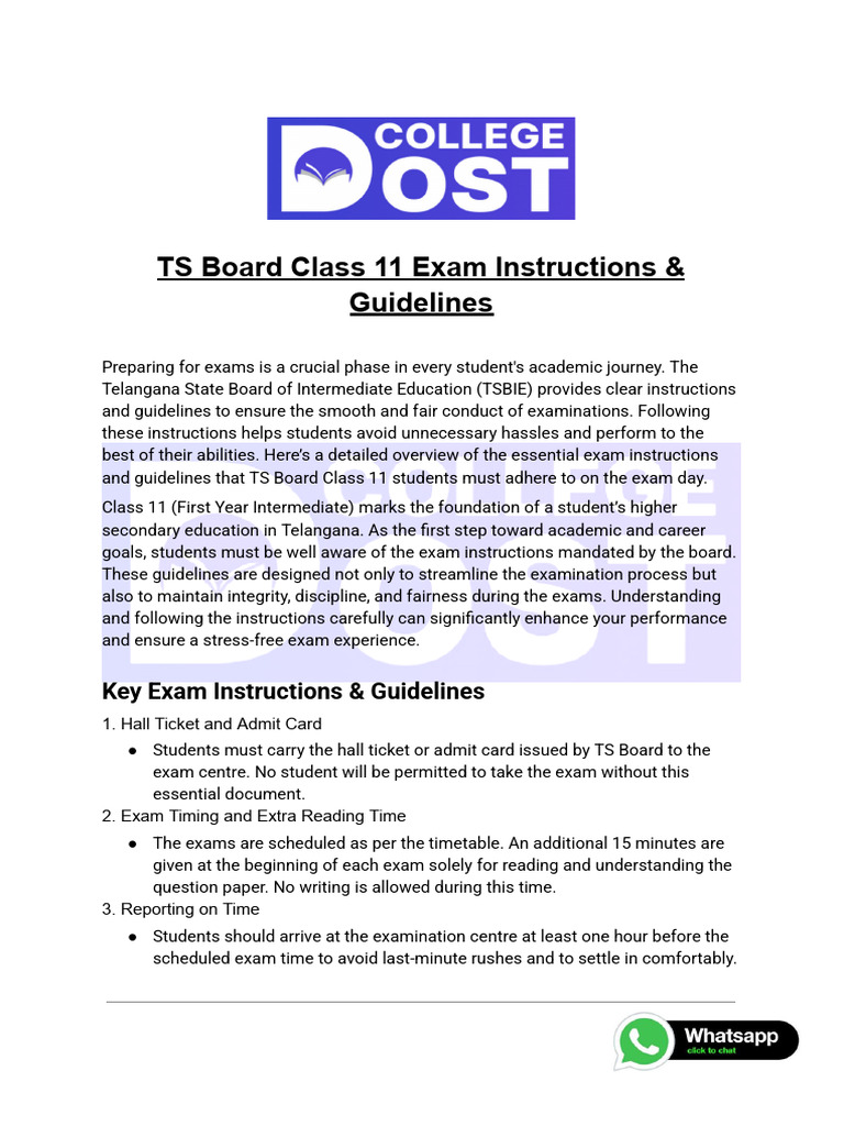 TS Board Class 11 Exam Instructions & Guidelines | PDF