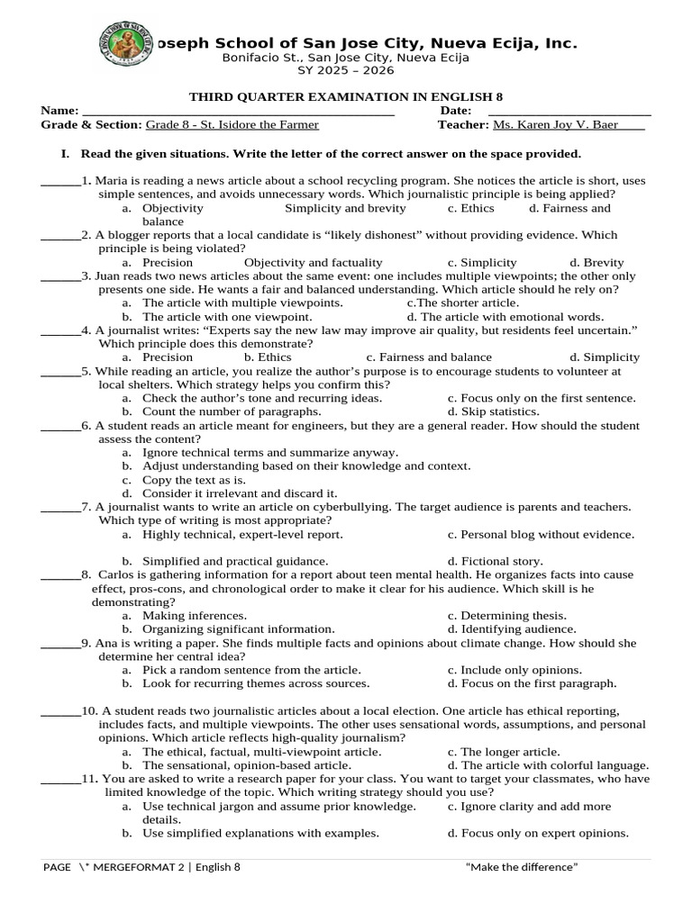 English 8-3rd-Quarter Examination | PDF | Bias | Journalism