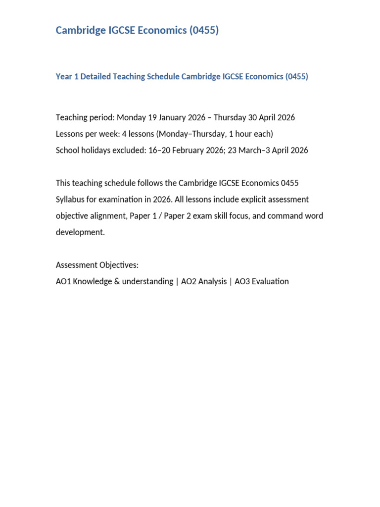 IGCSE Economics G9 Teaching Schedule Condensed | PDF | Market ...