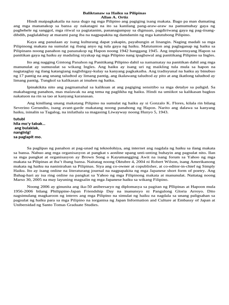 Baliktanaw sa Haiku sa Pilipinas | PDF